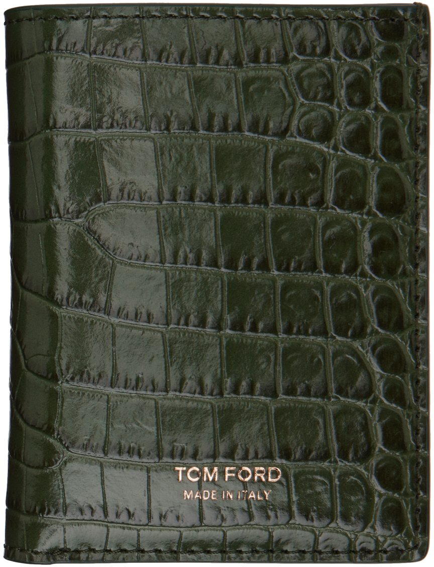 Tom Ford Green Printed Croc Folding Card Holder - Rifle Green